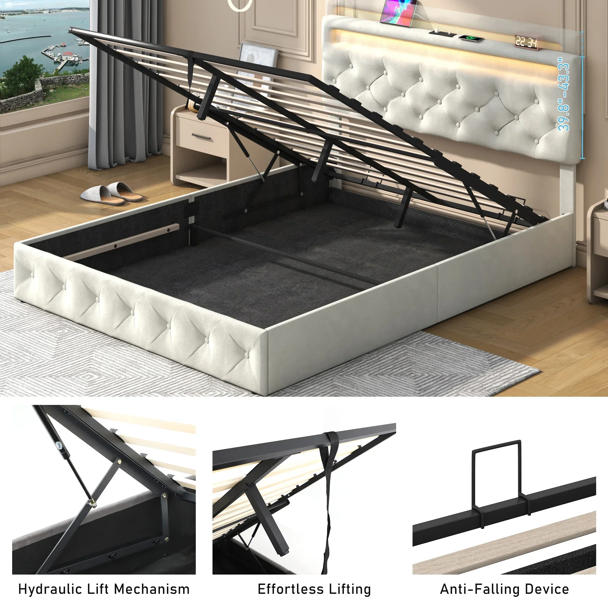 Queen-Full-Lift-Up-Storage-Bed-Frame-w-LED-Lights-Charging-Station ...