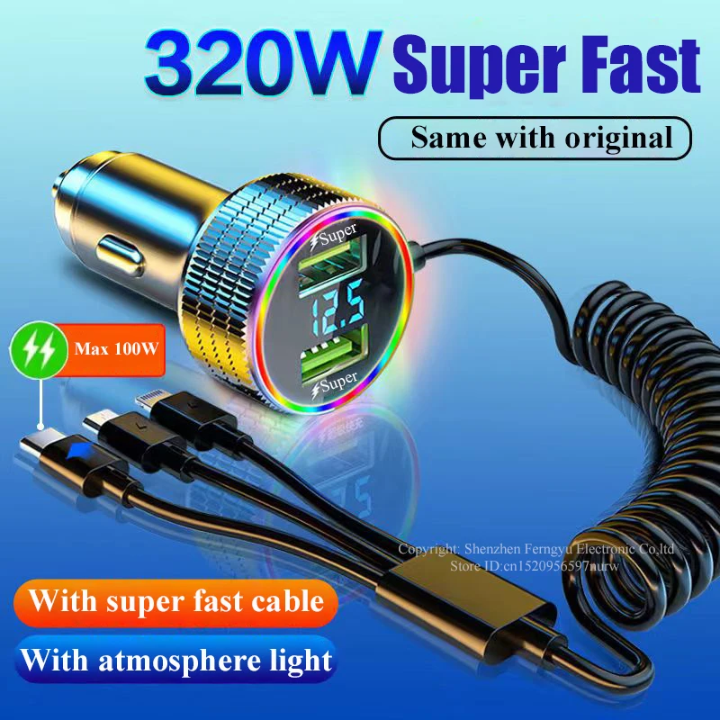 320W USB Car Charger 5 in 1 Fast Chariging Phone Adapter for iPhone 14 Pro Max Apple 13 12 11 ...