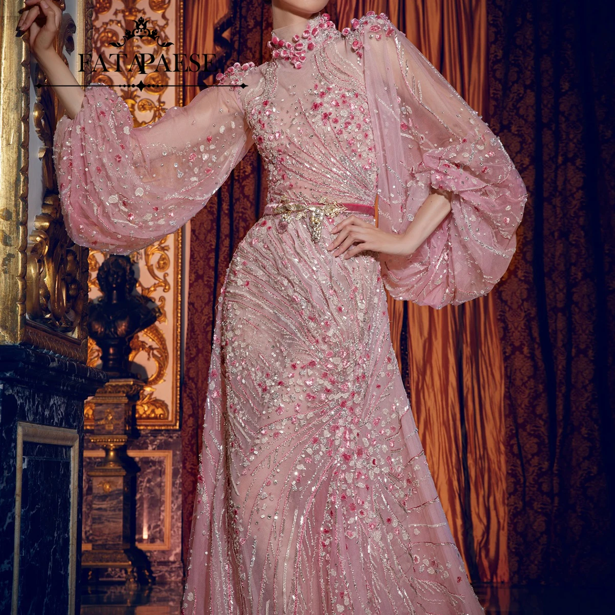 FATAPAESE Customized 3D Florals Evening Gown Long Puff Sleeve High-neck ...