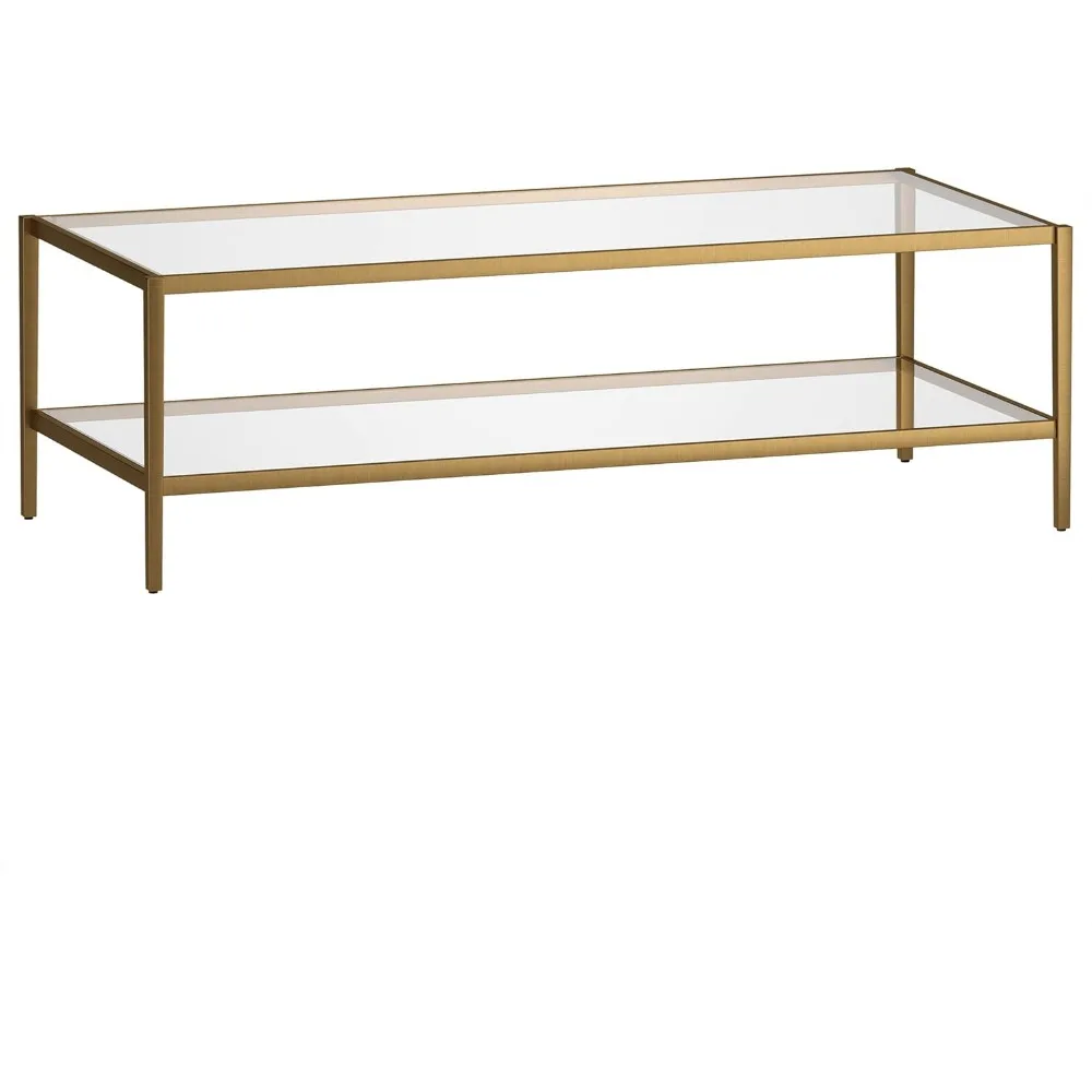 54 Wide Rectangular Coffee Table with Glass Shelf in Antique Brass ...
