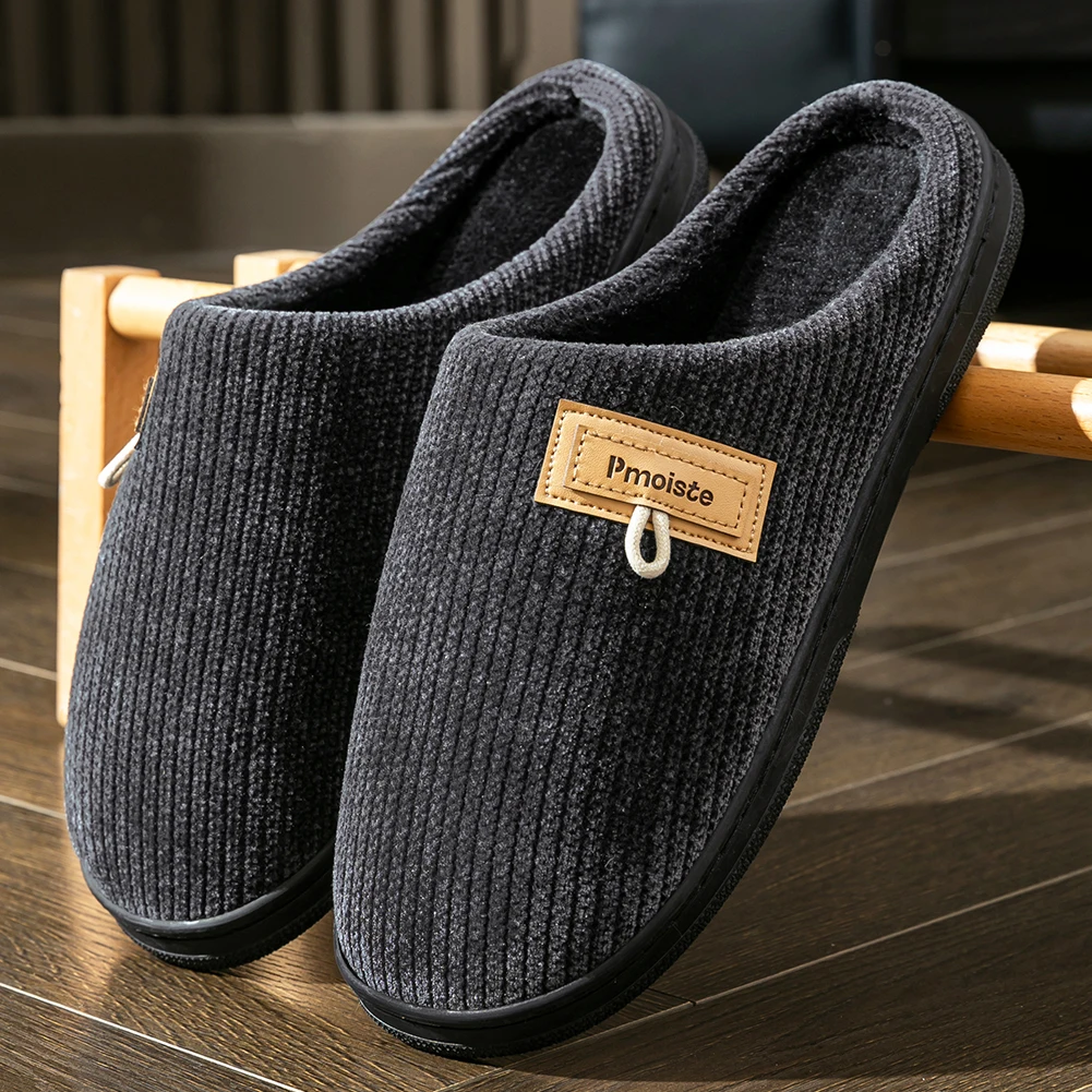 House Slippers for Men Warm Non Slip Indoor Knitted Memory Foam TPR ...