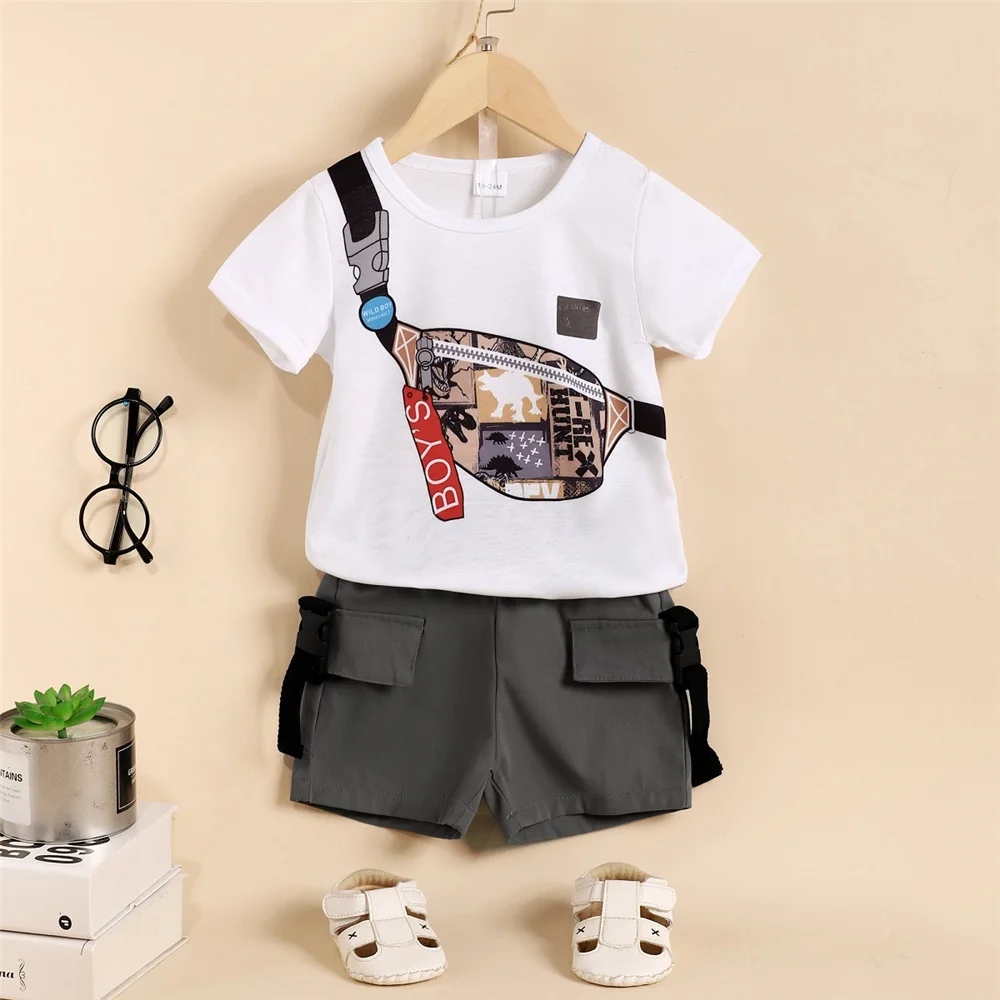 2PCS-Kids-Boy-Clothes-Set-White-Bag-Print-Short-Sleeves-T-shirt-Shorts ...
