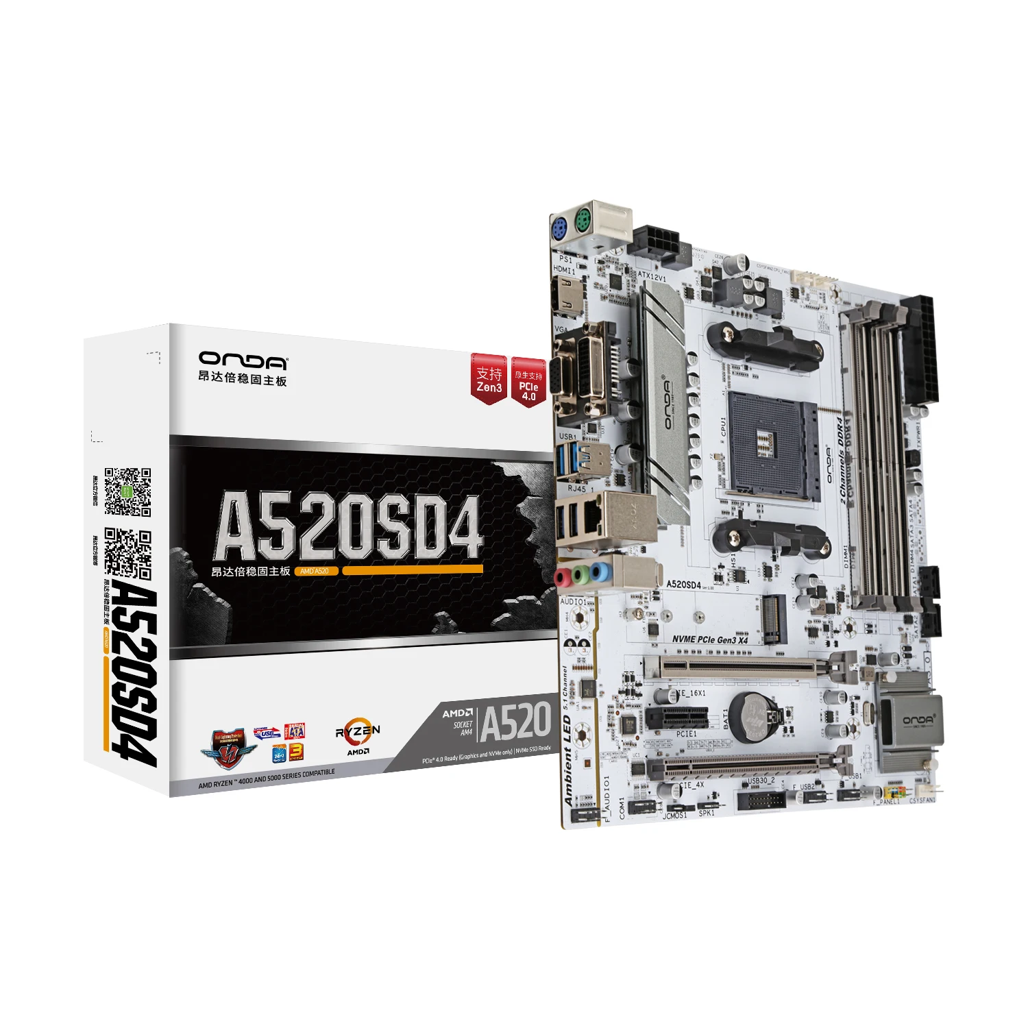 ONDA A520SD4 W 마더보드 지원 AMD AM4 Ryzen R3 R5 R7 프로세서, 4 X DDR4 소켓, 128GB ...