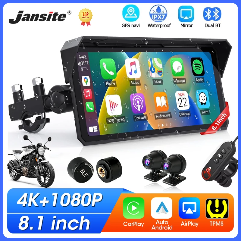 Jansite 8.1 Inch 4K Motorcycle CarPlay Screen 4K Dash Cam Wireless ...