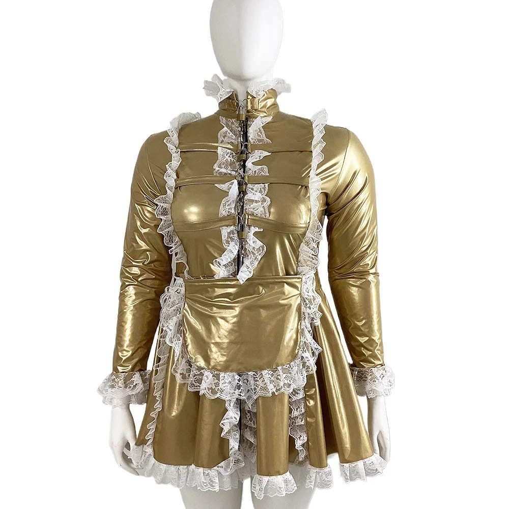 Sissy-Sexy-Lockable-PVC-Shiny-Maid-Dress-Outfits-Long-Sleeve-French ...