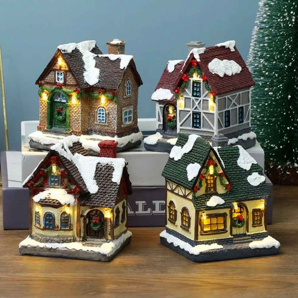 LED Resin House Christmas Village Ornaments Figurines Decoration Snow ...