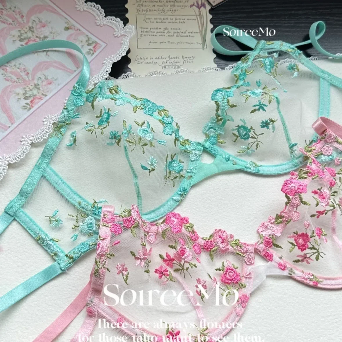 Summer beautiful floral embroidery sweet sexy mesh bra fresh flower ...