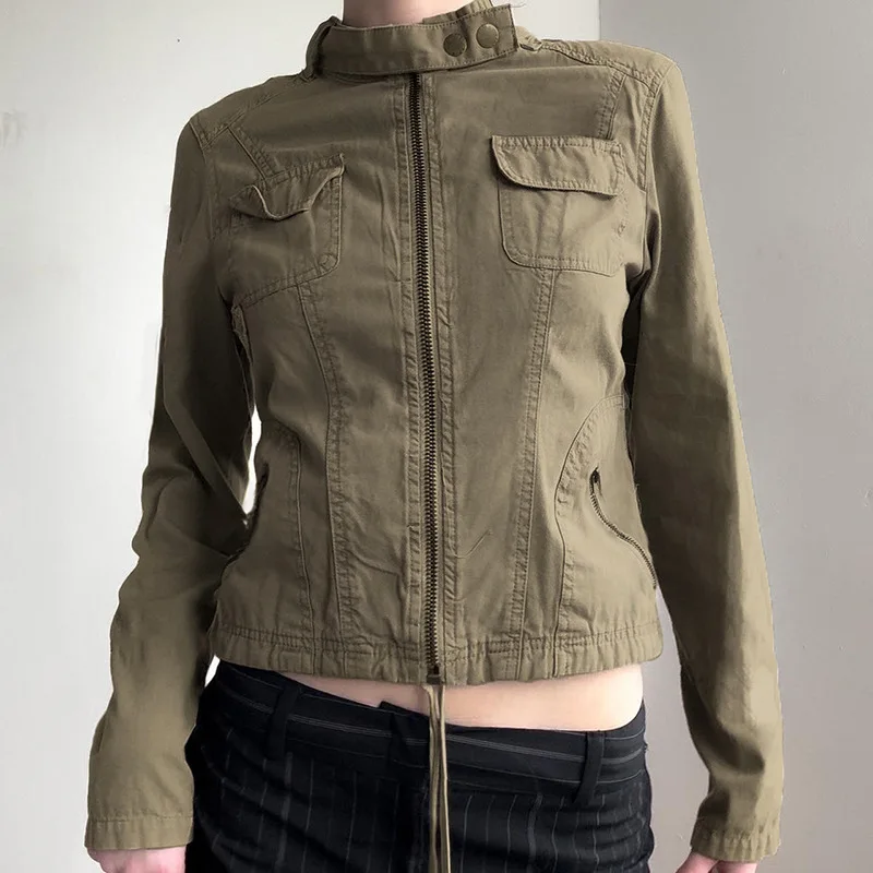 Women-Patchwork-Stand-Collar-Military-Jacket-Vintage-Y2K-Autumn-Pockets ...