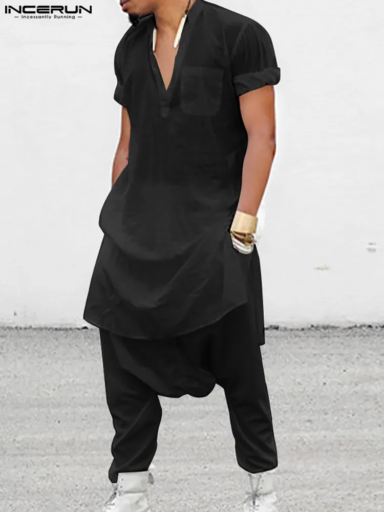 INCERUN Men Sets Solid Vintage Muslim Clothing Stand Collar Long Sleeve ...