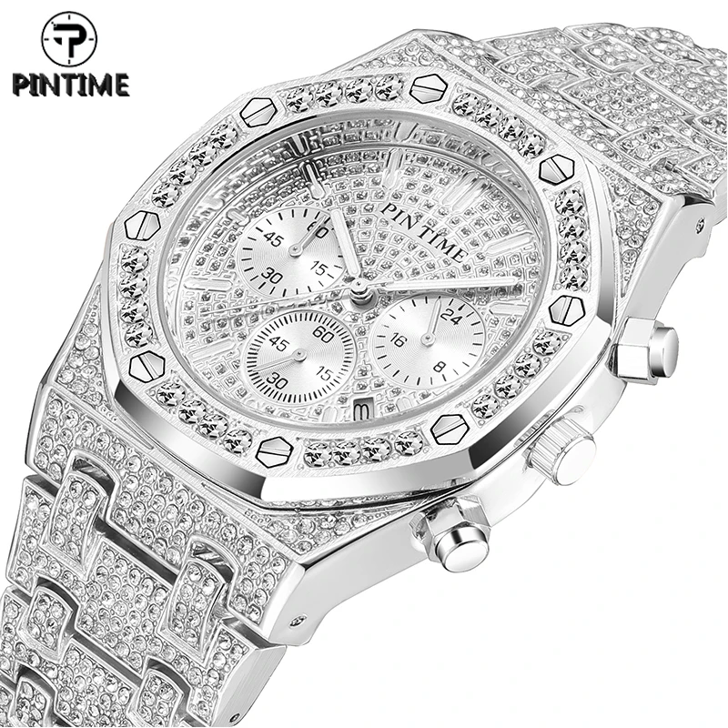 PINTIME Quartz Watch Men Luxury Full Diamond Hip Hop Sliver Gold Golden ...