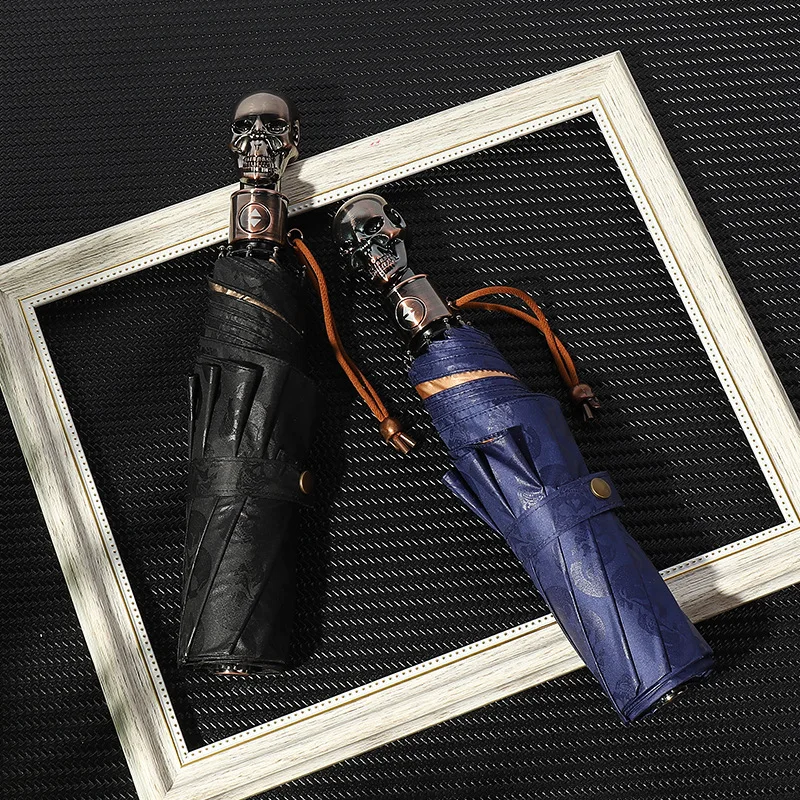 Punk-Goth-Skull-Handle-Folding-Automatic-Umbrella-Rain-Sun-Folding ...