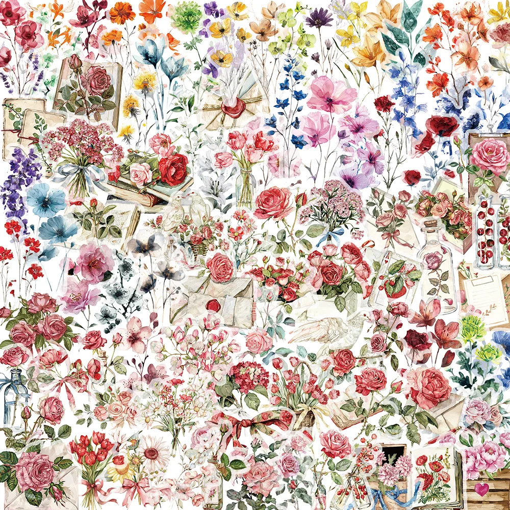 100-PCS-Ink-Flower-Stickers-Pack-Waterproof-Transparent-PET-Booklet ...