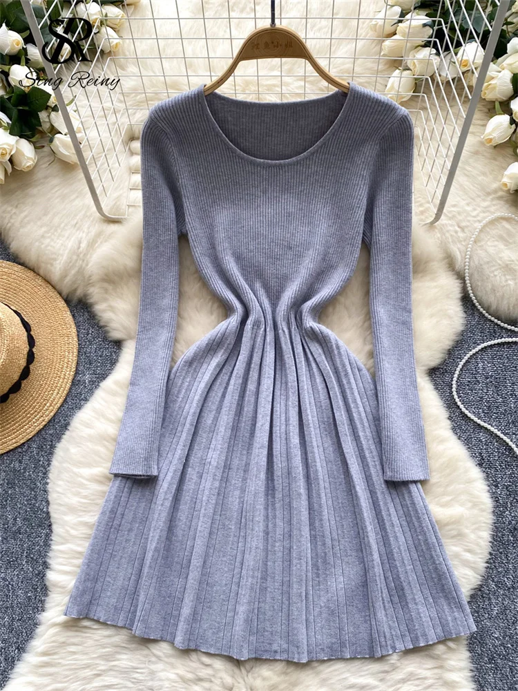 SINGREINY-Korean-Simple-Style-Dress-Female-O-Neck-Full-Sleeves-Bodycon-Chic-Design-Knitted ...