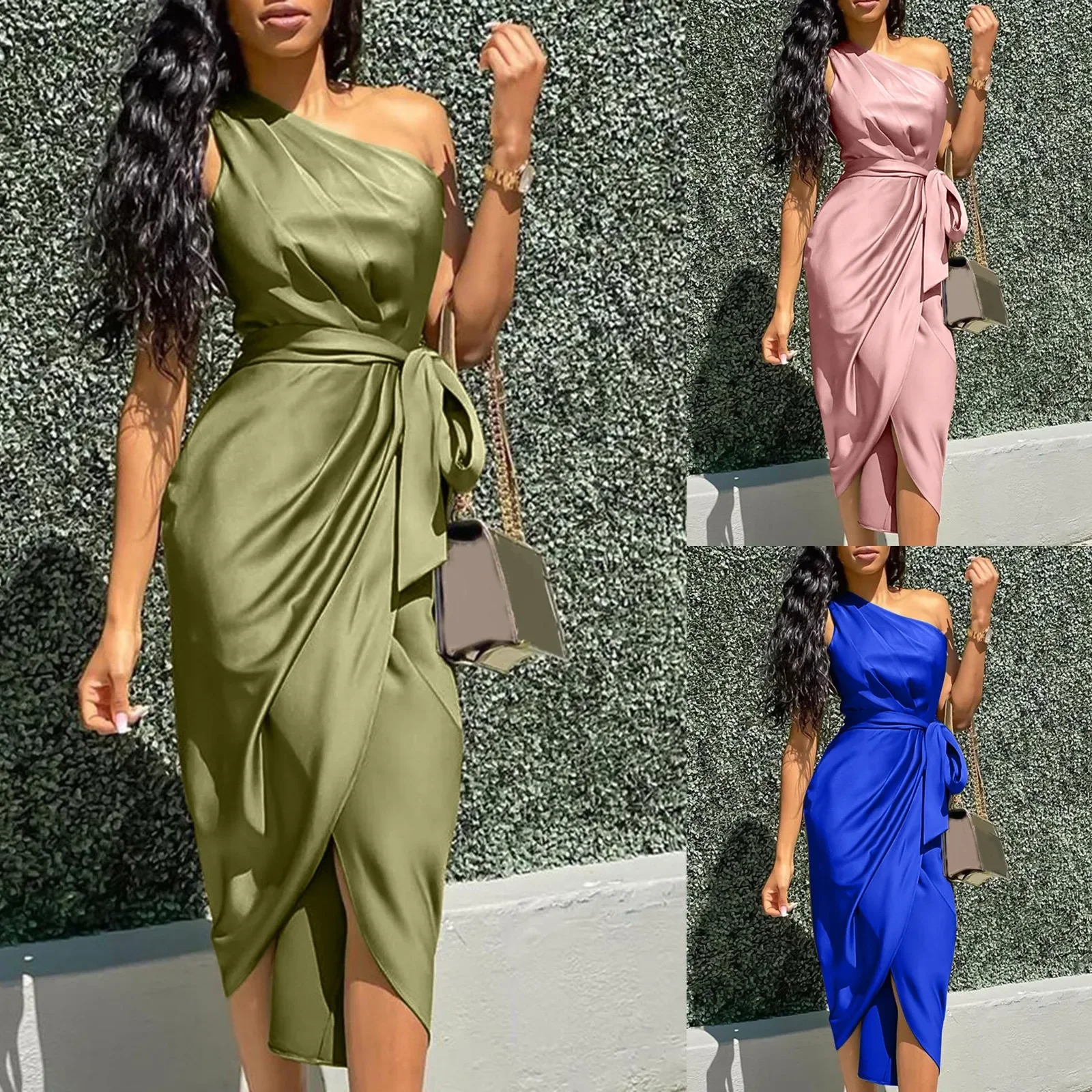 Summer Dresses Women Green Sexy One Shoulder Satin Asymmetrical Ruched ...