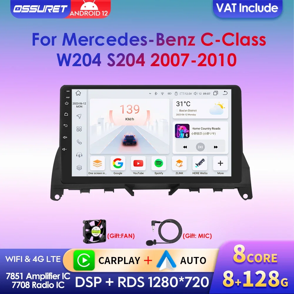 For-Mercedes-Benz-C-Class-W204-S204-2007-2010-Android-12-2-Din-9-Car ...