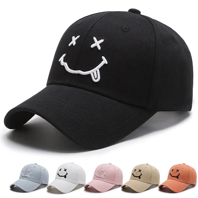 Gorras de béisbol bordadas con cara sonriente para hombre y mujer, gorros de algodón negro Kpop ...