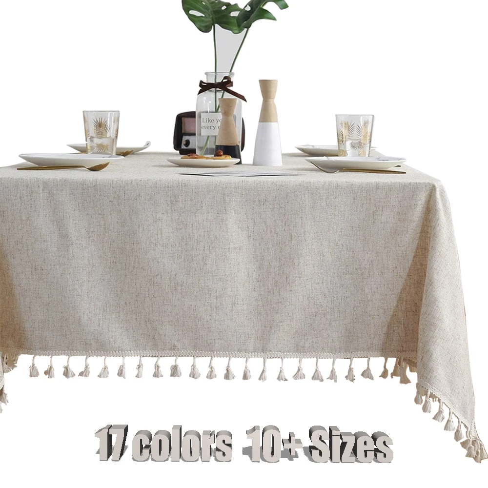 Solid-Color-Tassel-Tablecloth-Cotton-Linen-Dustproof-Shrink-Proof-Table ...