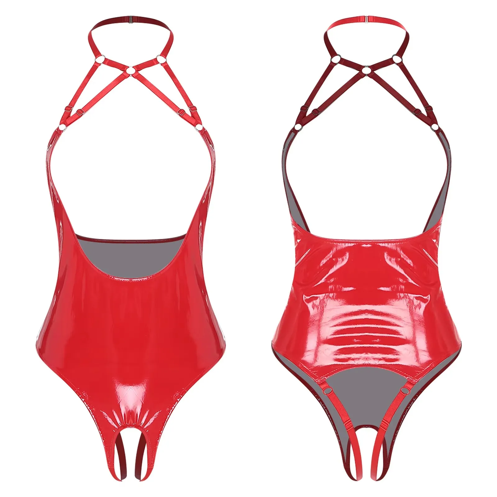 Women Sexy PU Leather Lingerie Open Chest Bodysuit Strappy Halter ...