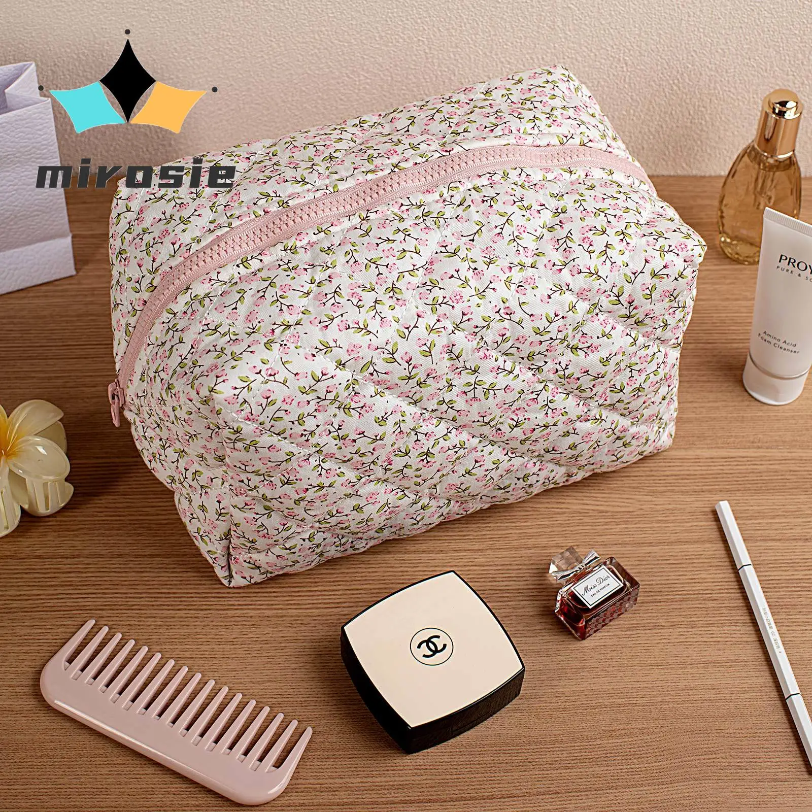 MIROSIE-Pretty-Pink-Floral-Print-Makeup-Bag-with-Zipper-Portable-Travel ...