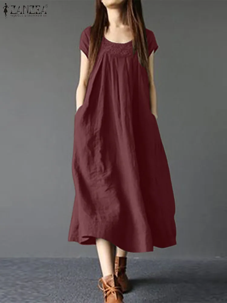ZANZEA-Summer-Vintage-Dress-Women-Casual-Midi-Sundress-Robe-Femme-Solid ...
