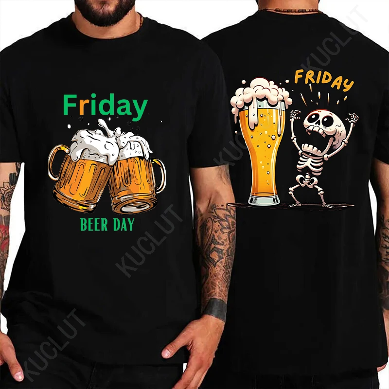 Fashion Skeleton Enjoying FRIDAY Beer Day Tees Back Print Men's T-Shirt ...
