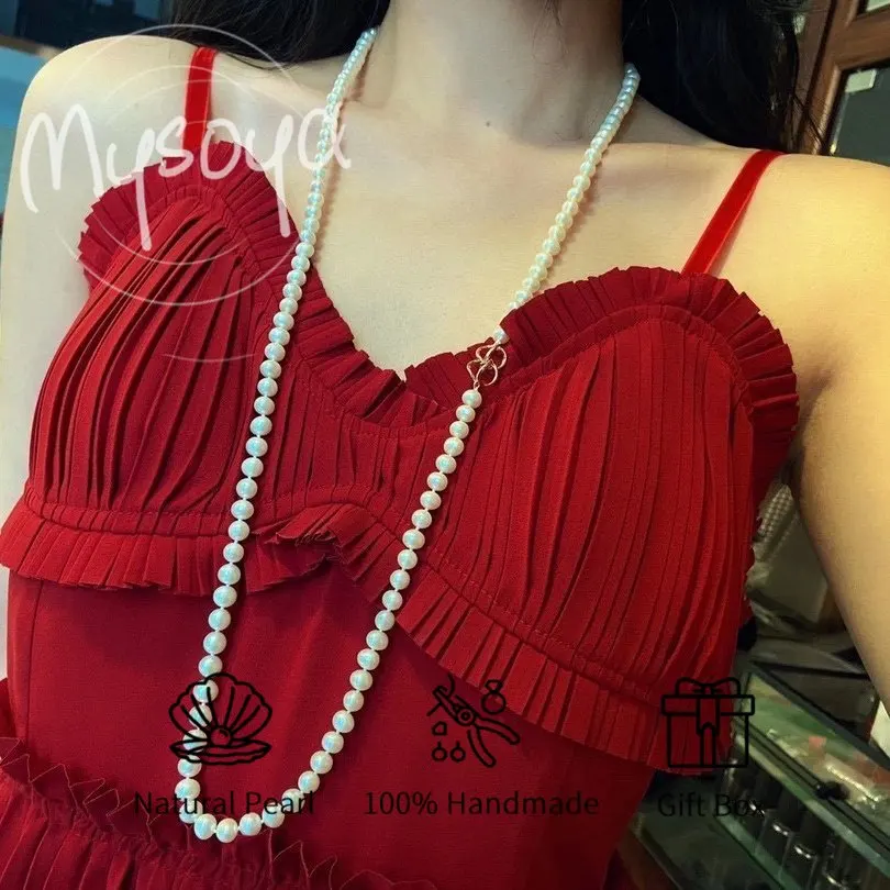 MYSOYA White Freshwater Pearl Long Necklace 7-8mm With Gift Box For Her ...