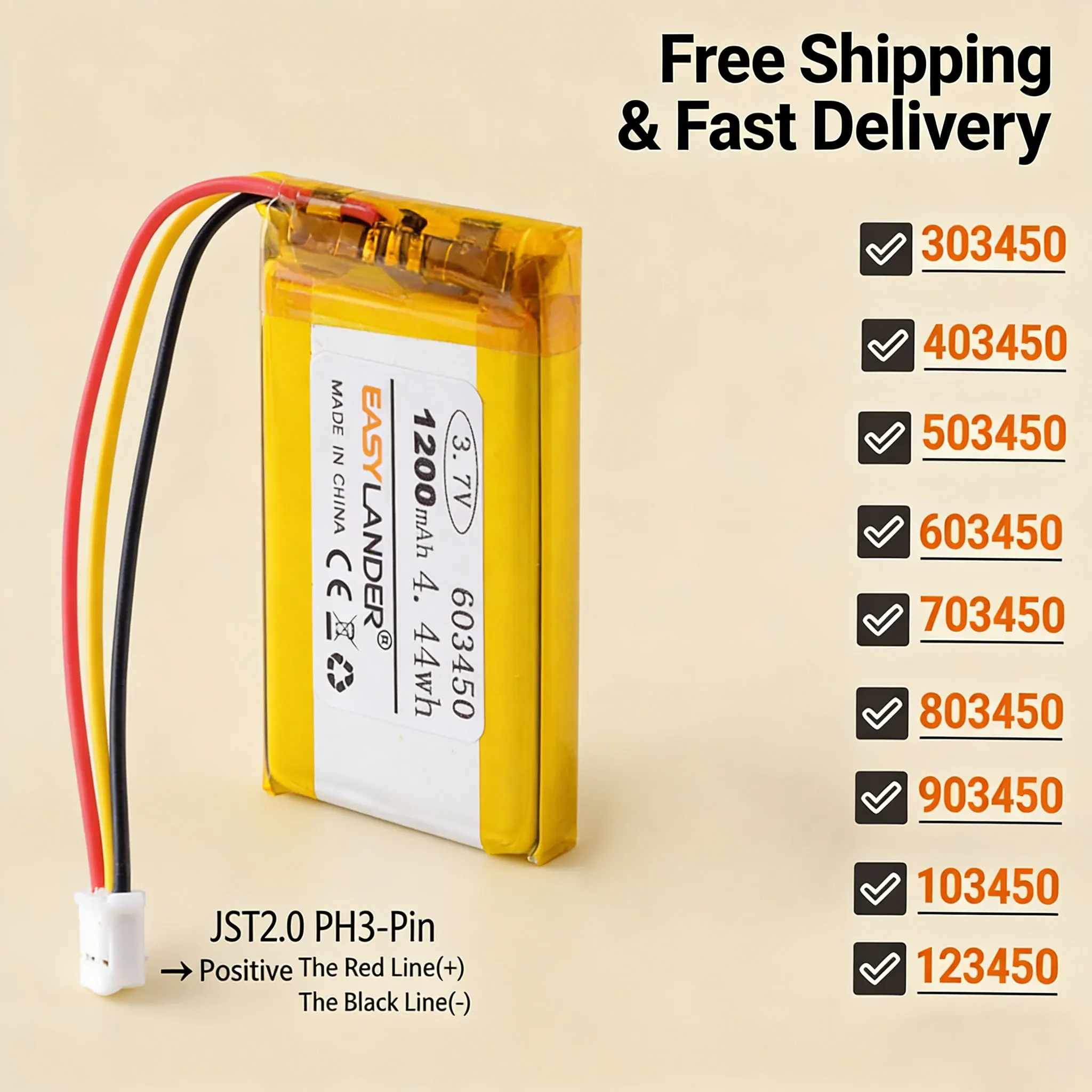 JST2.0mm 3Pin 3.7V 700mAh 403450 Lithium LiPo Polymer Battery 303450 ...