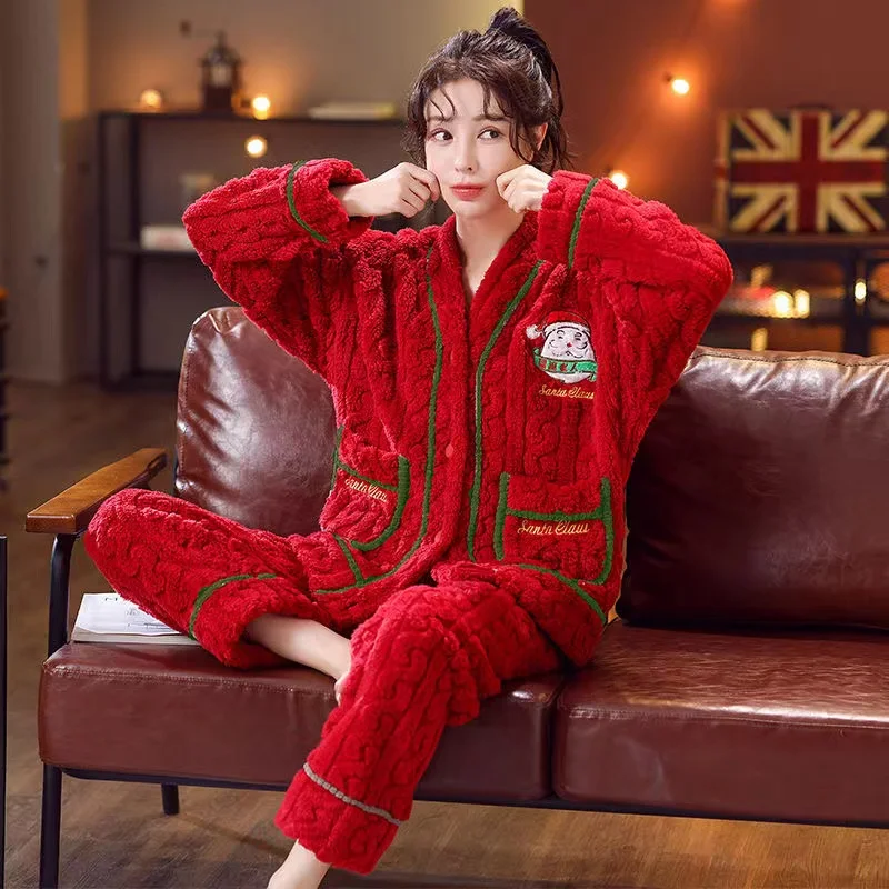 Women-s-Autumn-Winter-Pajama-Sets-V-Neck-Long-Sleeve-Flannel-Pijamas ...