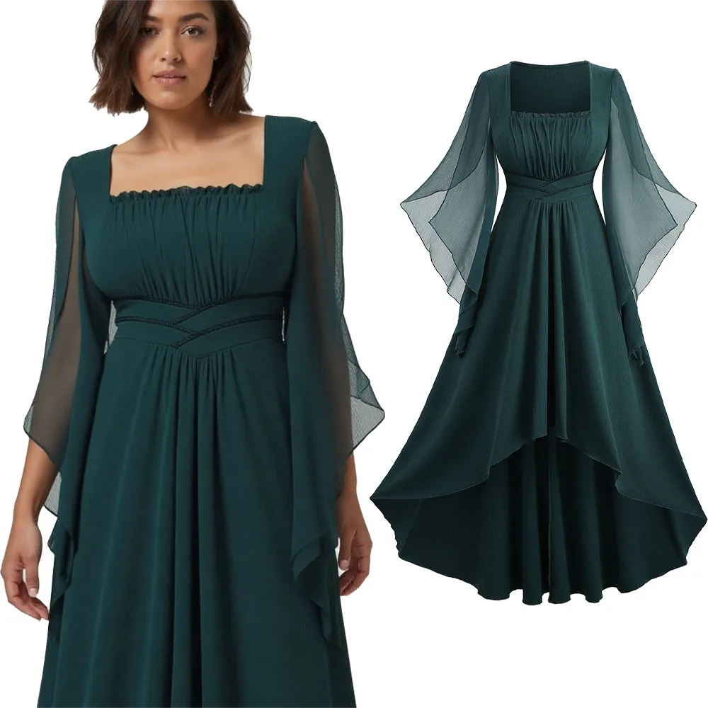 New Deep Green Dresses For Women Ruched Ruffles Panel Sheer Mesh Flare ...