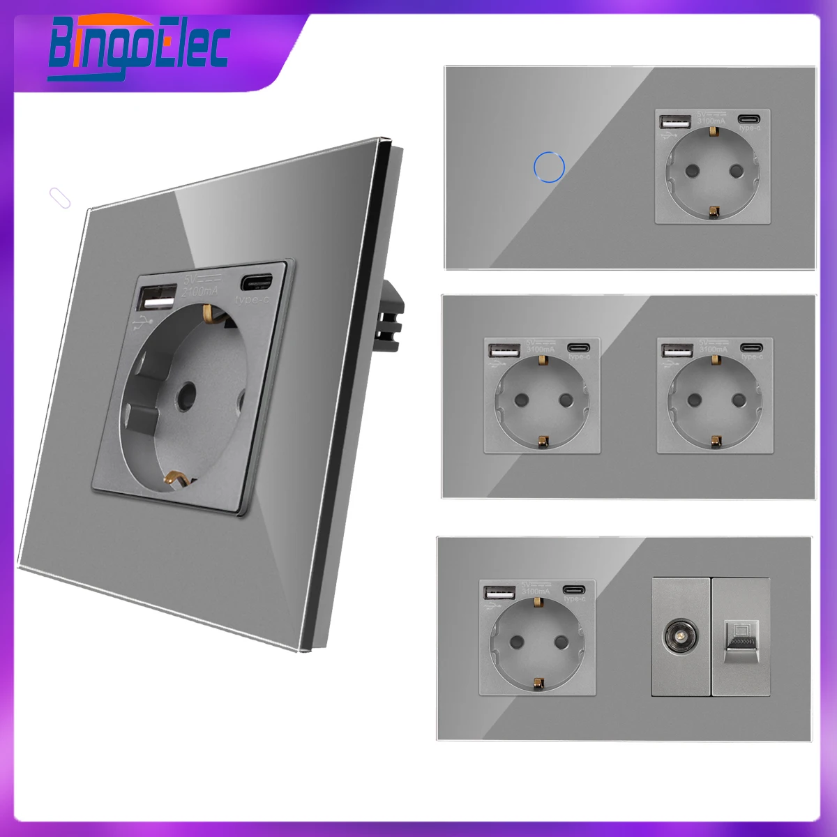 Bingoelec EU Standard Wall Socket with USB Type-c TV Computer Internet ...