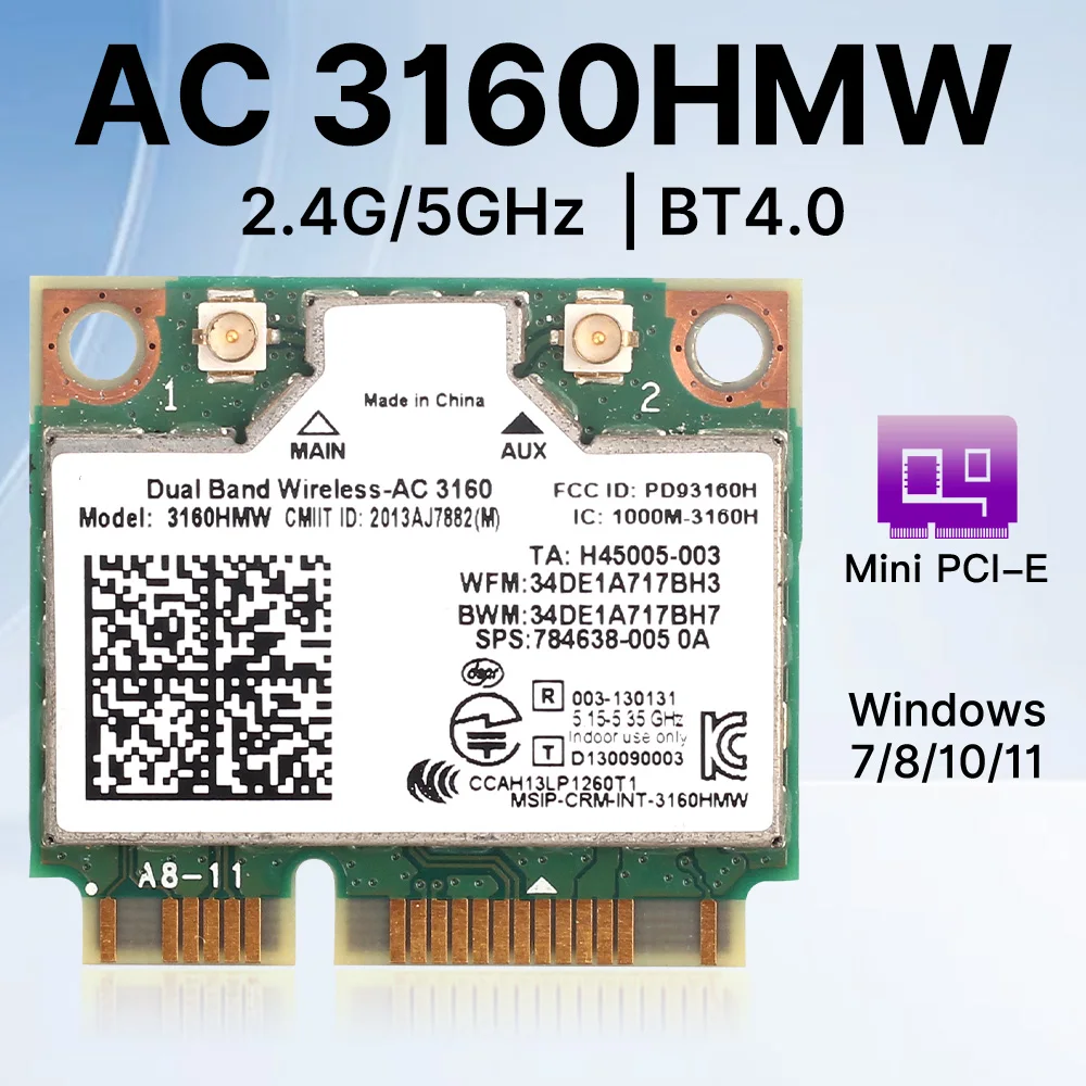 AC3160 Dual Band 2.4G/5Ghz AC3160HMW Half Mini PCI-Express Wireless ...