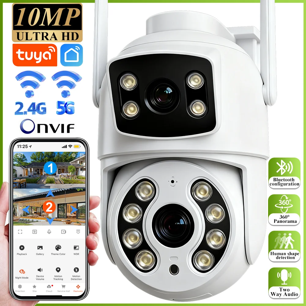Tuya 10MP Dual Lens 5G Wifi Camera PTZ Outdoor waterproof Dual Screen ...