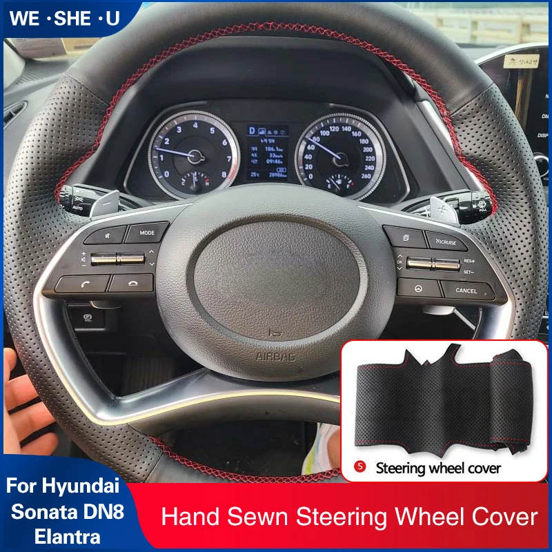 현대 소나타 Dn8 엘란트라 CN7 투스콘 2022 블랙 정품 가죽, DIY 핸드 바느질 핸들 커버, 자동차 액세서리| | - AliExpress