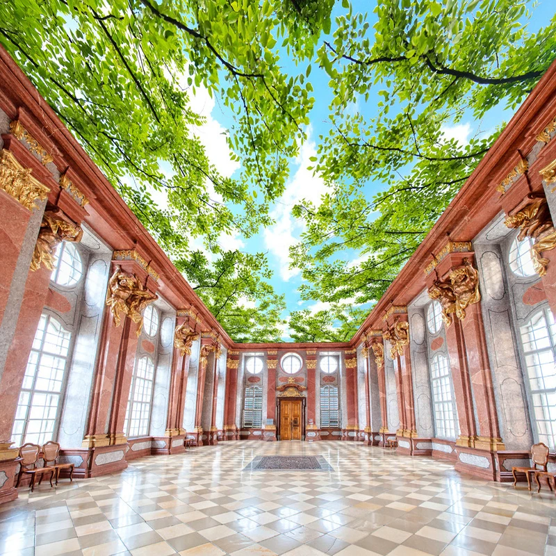 Forest Themed Ceiling Fresco Blue Sky White Clouds Green Tree Leaves 3D ...