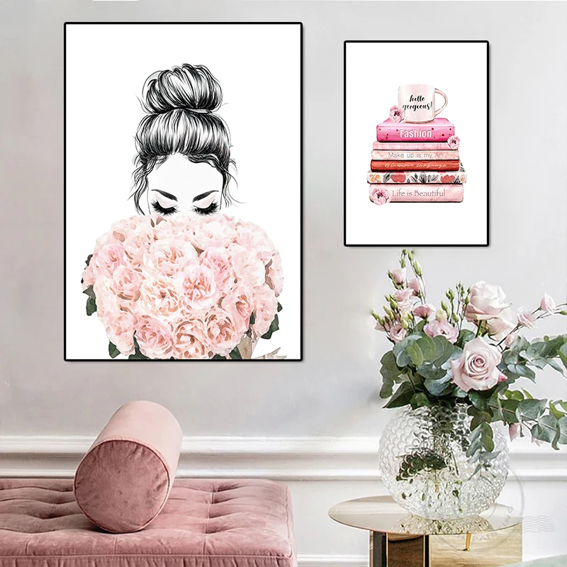 Moda meninas flores cor de rosa perfume cartaz da arte da parede ...
