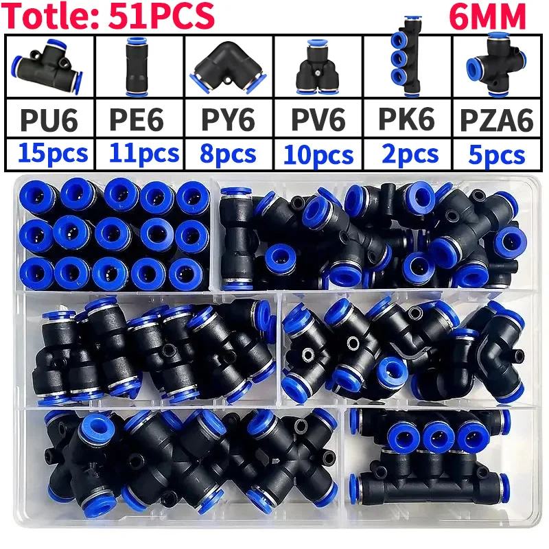 Boxed 51 PCs PU-6/PE-6/PZA-6/PY-6/PV-6/PG-6/PK-6 Pneumatic Fitting Kit ...