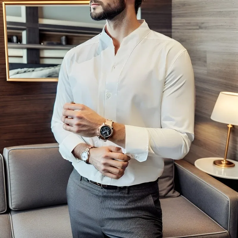 White-Gentleman-Elegant-Dress-Mens-Shirts-Father-Collar-Social-Blouse-Sexy-Deep-V-neck ...