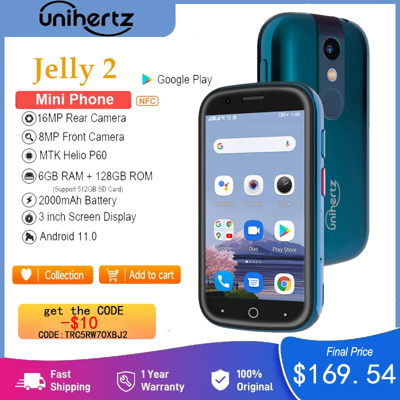 Unihertz Jelly 2 미니 폰 포켓, 안드로이드 11, Helio P60, 옥타 코어, 4G LTE, 듀얼 심, 잠금 해제, 6GB + 128GB, NFC 핸드폰 ...