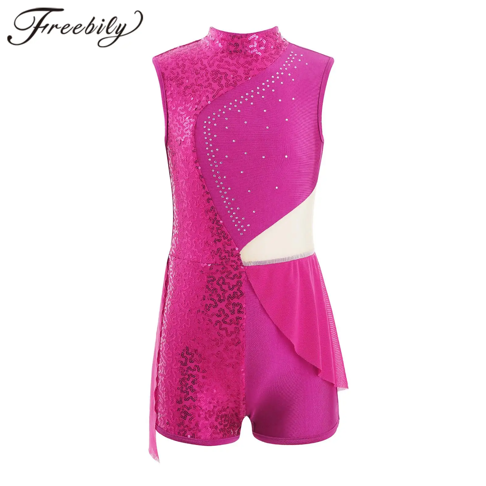 Kids Girls Sleeveless Shiny Sequins Gymnastics Leotard Ballet Dance ...