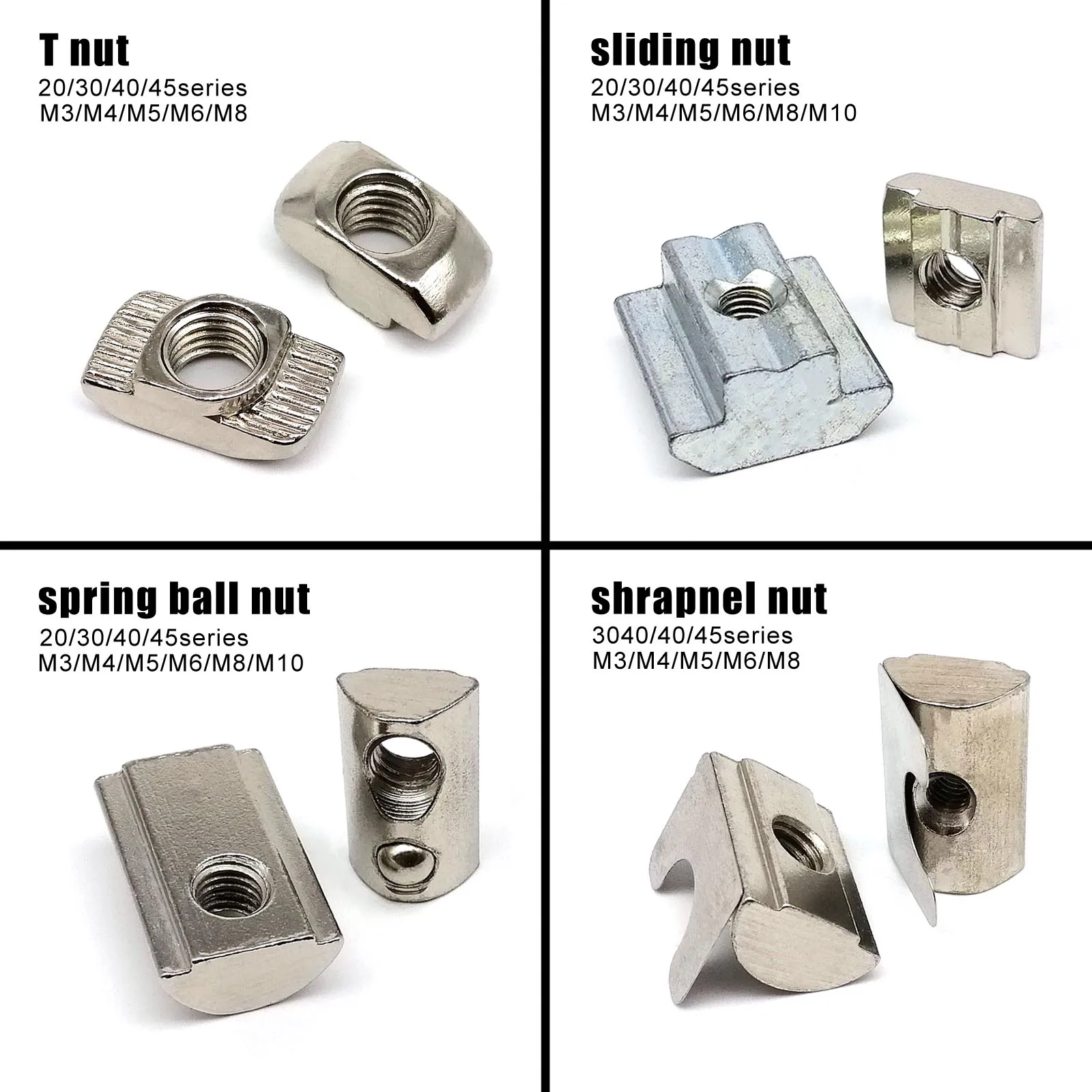 5pc M3 M4 M5 M6 M8 M10 T Shape Block Sliding Nut Drop In Spring Ball Shrapnel for 20 30 40 45 ...