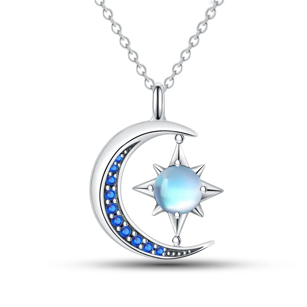 925-Sterling-Silver-Blue-Moon-Star-Colar-para-senhoras-luar-brilhante-joias-requintadas-cl ...