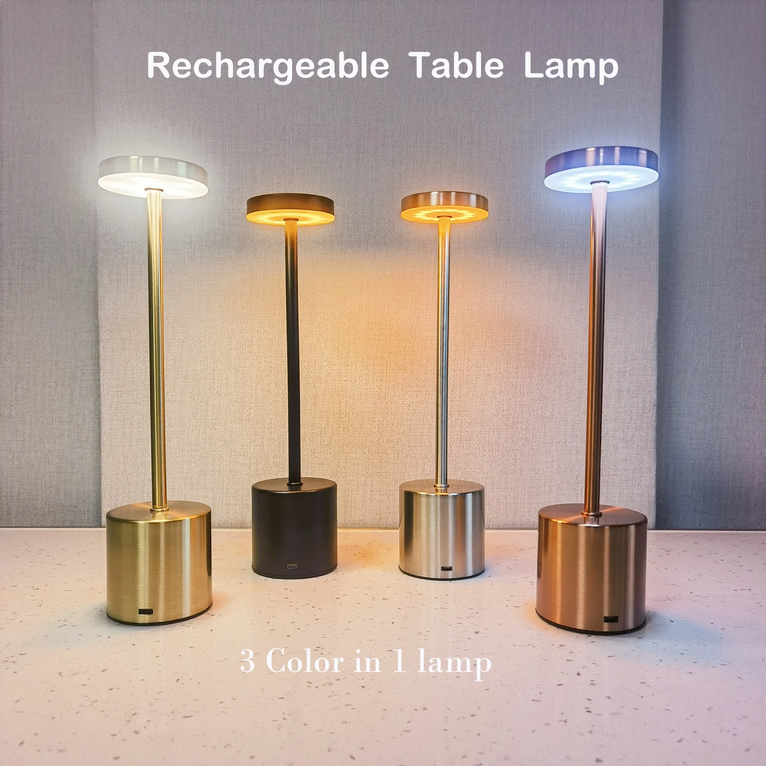 Classic Table Lamp USB Rechargeable Night Light 3 Colors Dimming Touch ...
