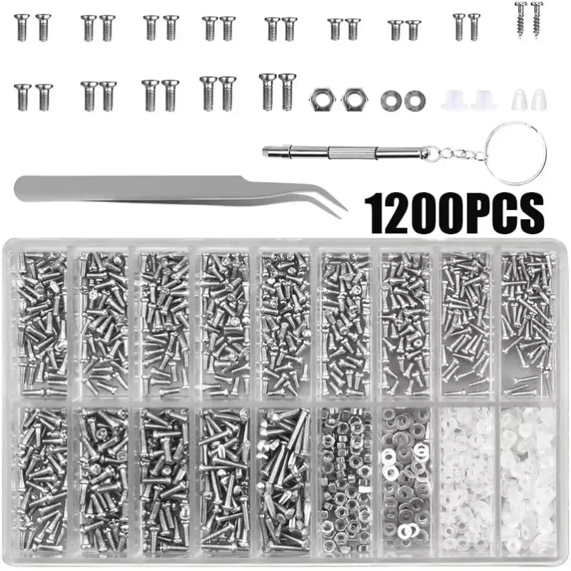 1200pcs Mini Screws with Screwdriver Tweezers Glasses Screws Repair Kit ...
