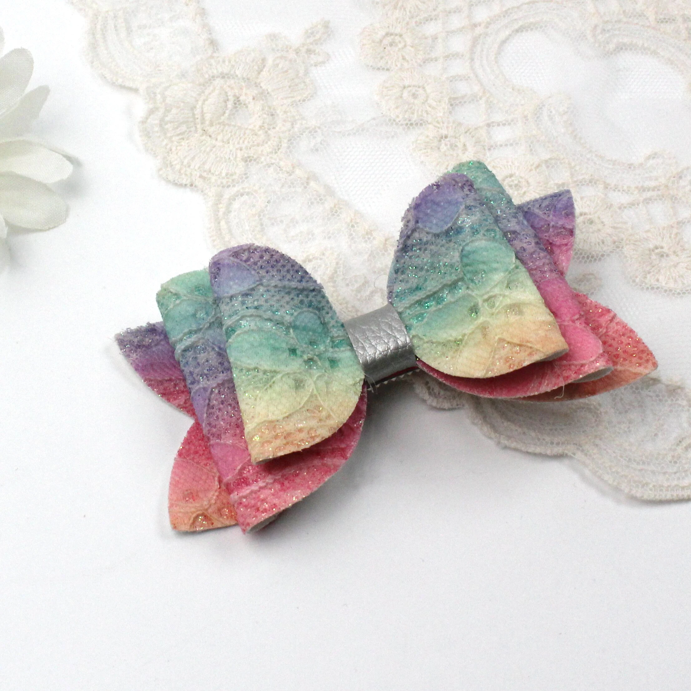 free-shipping-12pcs-Rainbow-glittering-hair-bow-lace-girl-fishtail-bow ...