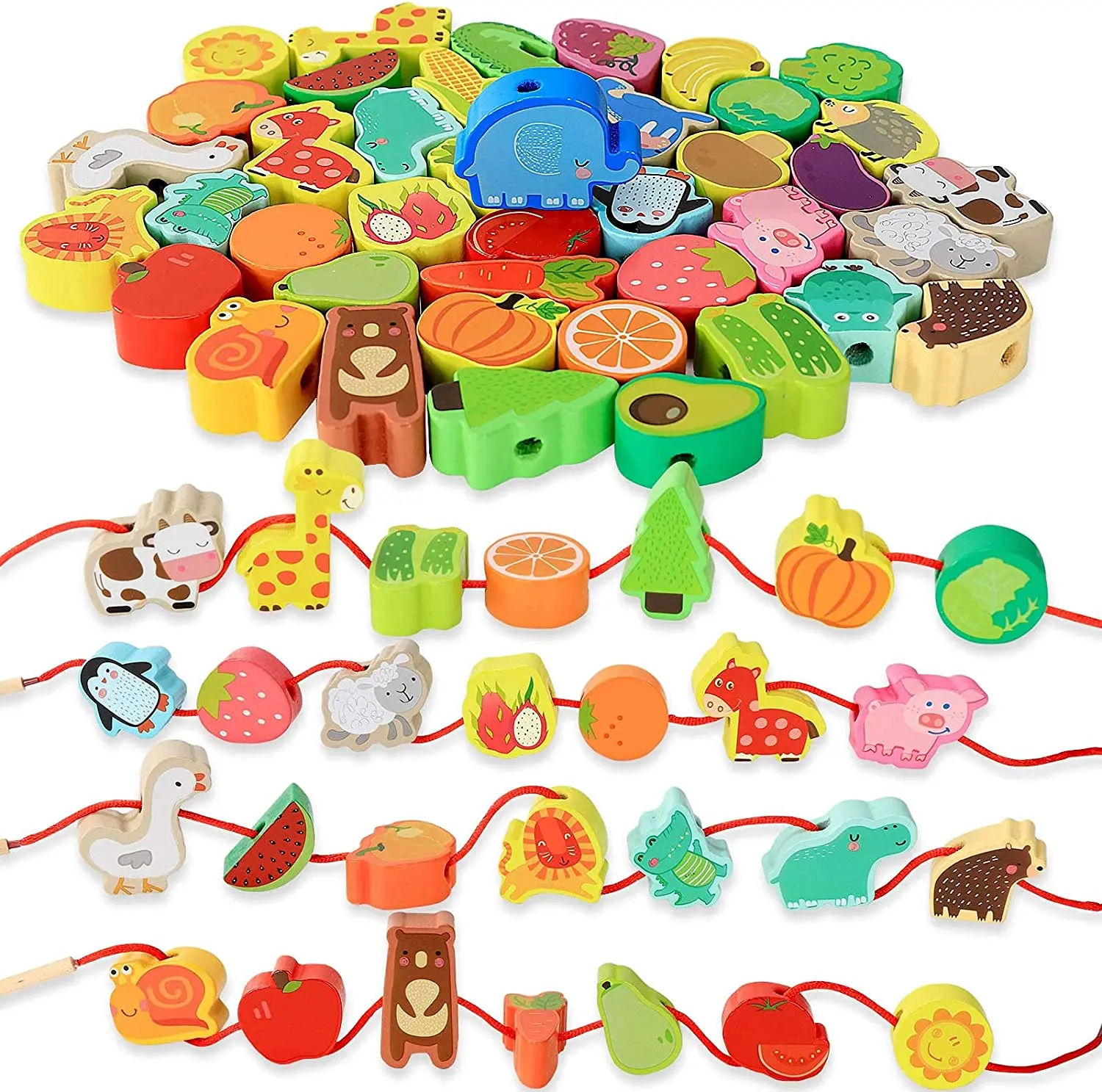 36pcs Wooden Toys Baby Diy Toy Cartoon Fruit Animal Stringing Threading ...