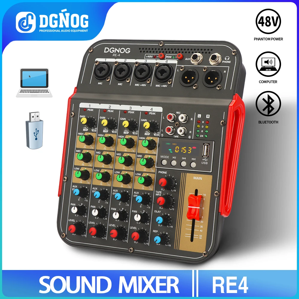 DGNOG Audio Mixer RE4 com saída XLR, Phantom Power, 4 Channel Aux Effec ...