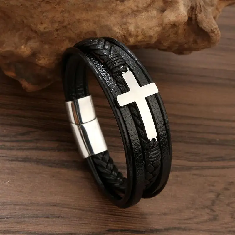 Fashion-Cross-Design-Classic-Men-s-Leather-Bracelet-3-Colors-Stainless ...
