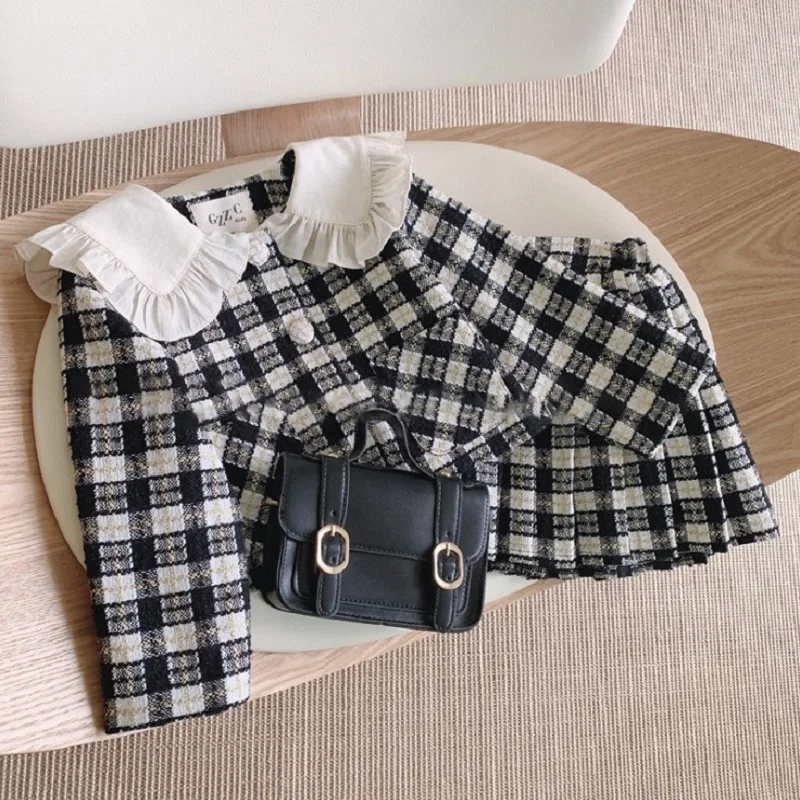 2Pcs Kids Classic Tweed Sets Girls Plaid Uniform Winter Autumn Clothes ...