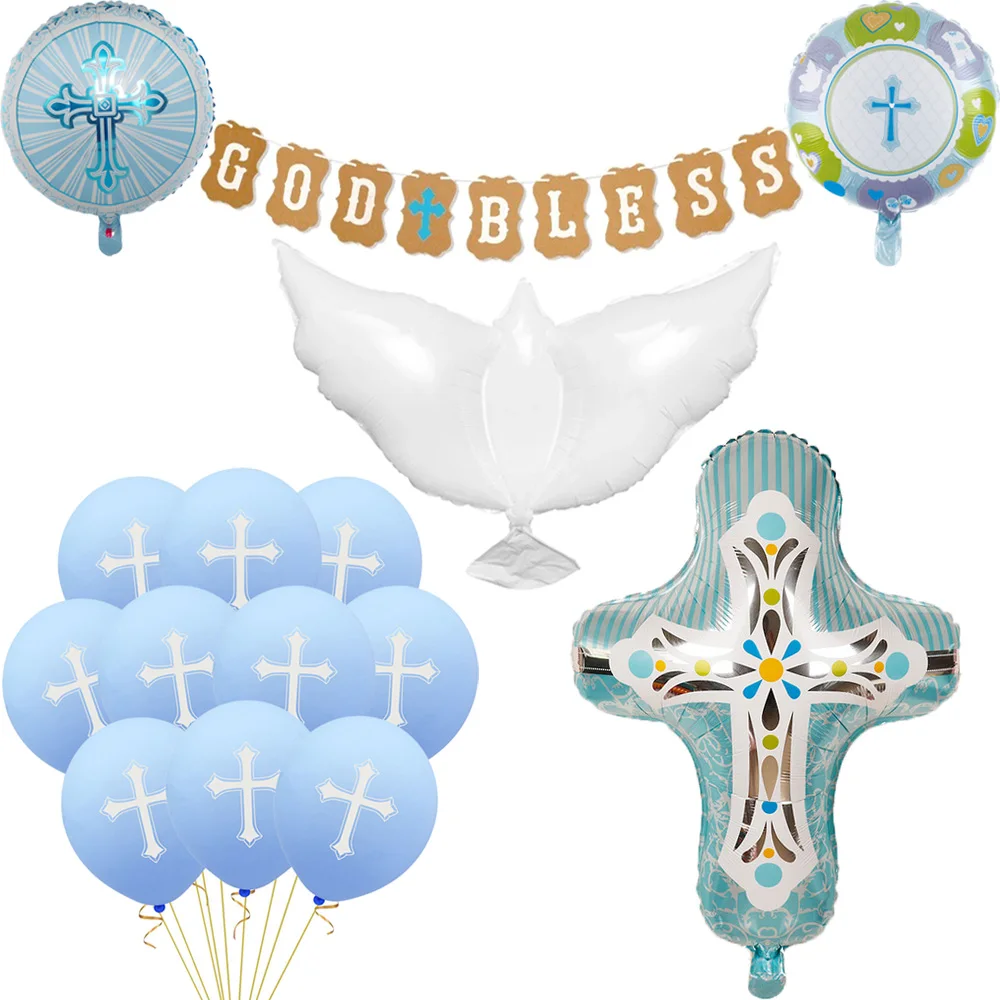 1Set God Bless Balloons Jesus Cross Ballons Kids Baby Shower Blue Boy ...