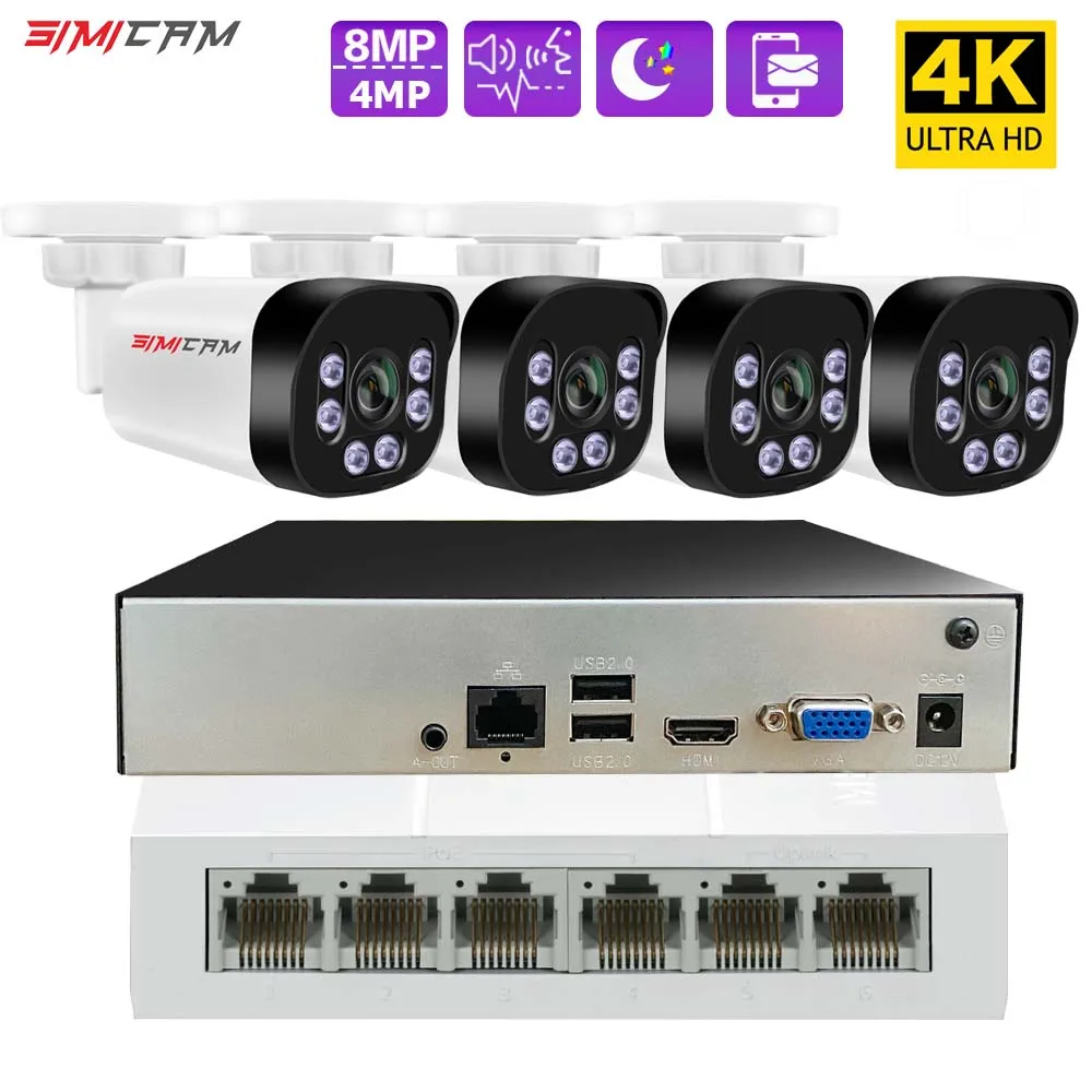 4K PoE Security Camera System 8CH NVR With 4Port POE Switch 4PCS 8MP ...